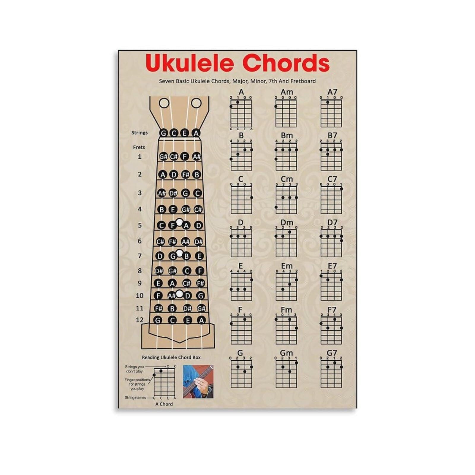 Ukulele Poster Guitar Chord Notes Music Easy Beginner Chart Canvas Wall ...