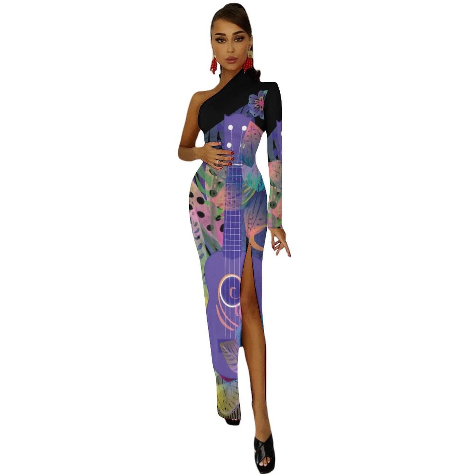 Ukulele composition with flowers Half Dleeve Split Dress dress party ...