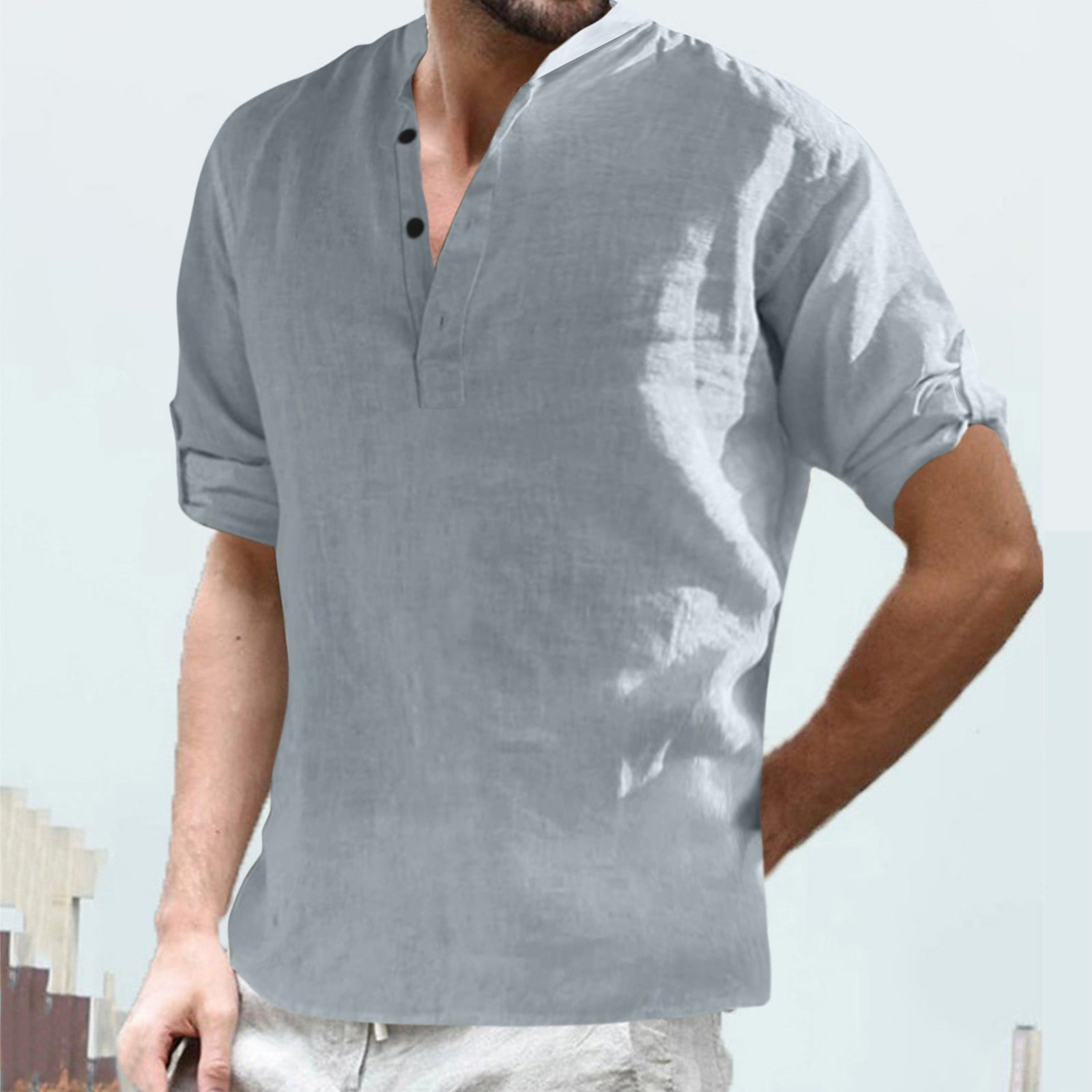 Ukumplol Mens Shirts Long Sleeve Shirts for Men Top Shirt Stand Collar ...