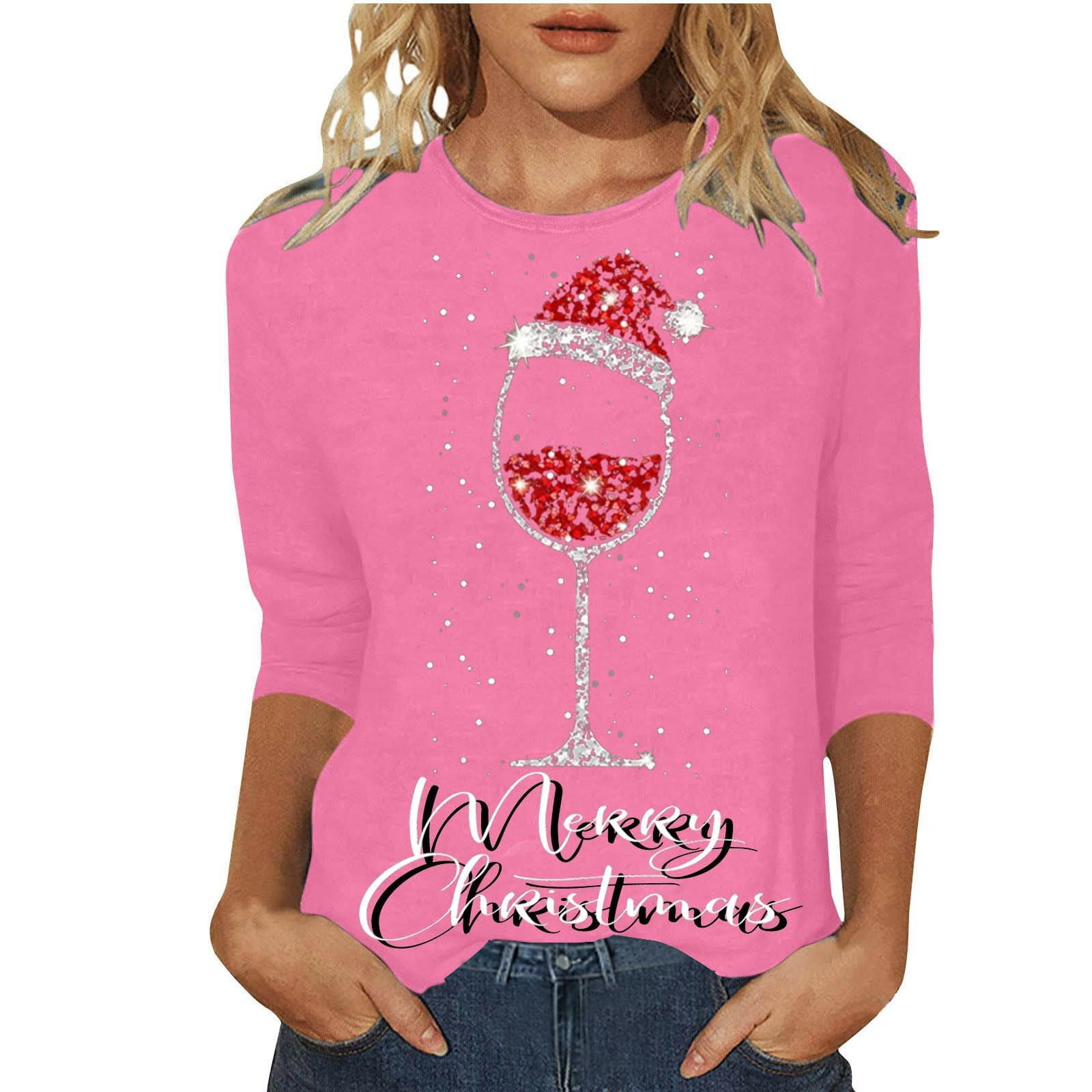 Ukumplol Womens Tops Christmas Shirts for Women Christmas Shirts for Women 2024 Red Wine Glass ...