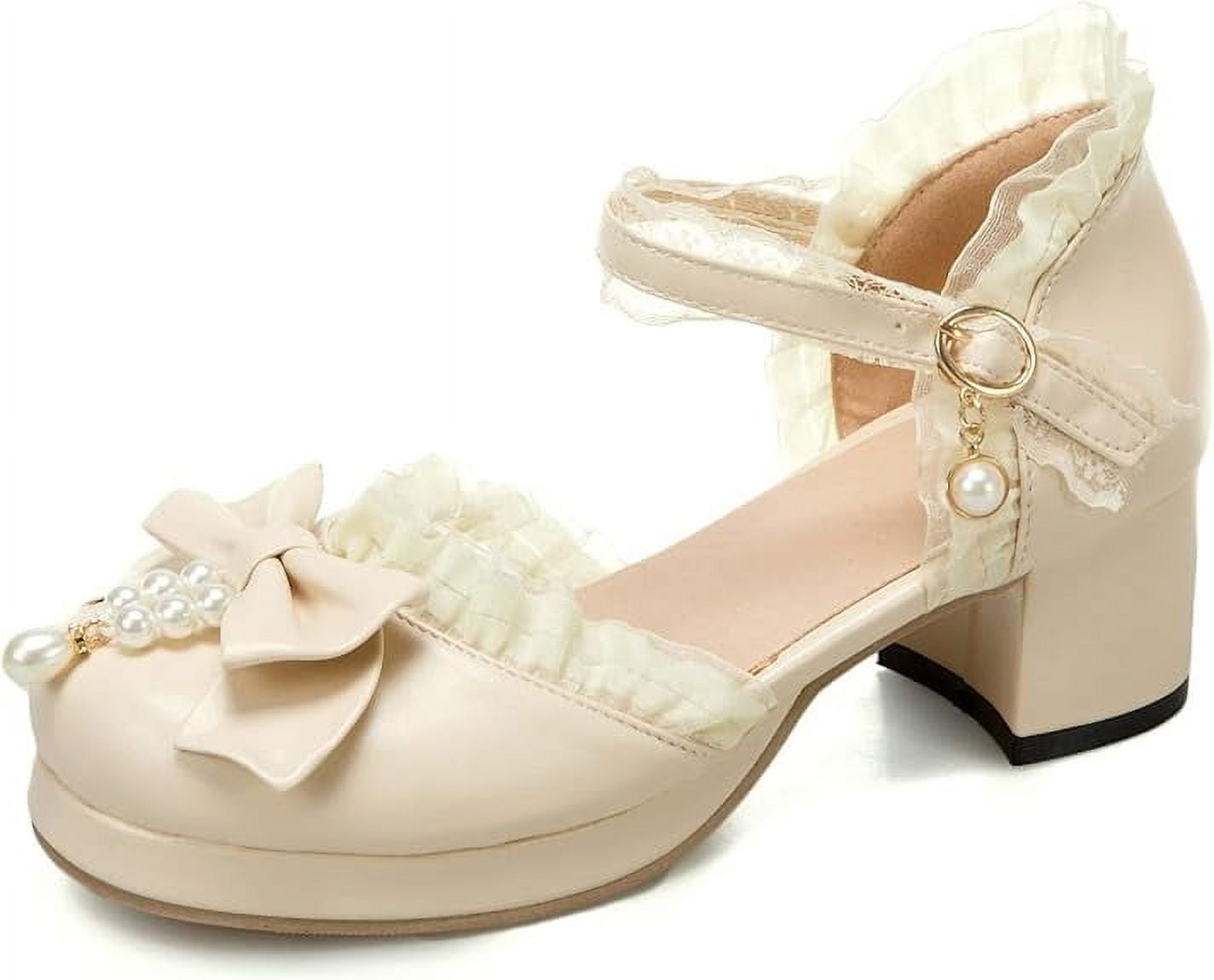 Ulalaza Women's High Heel Mary Jane Shoes Sweet Party Festive Lace Bow ...