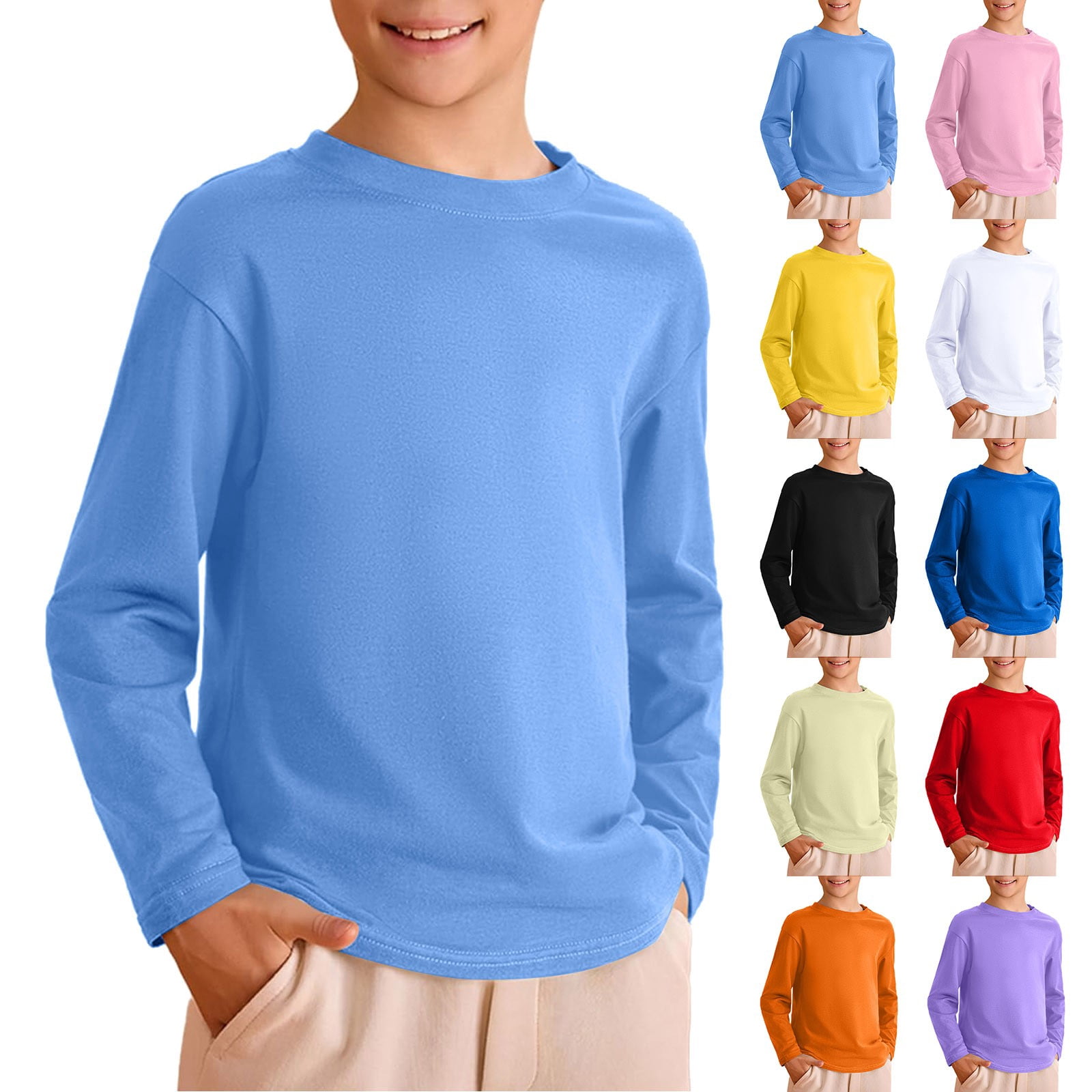 Ulanda Boys Long Sleeve Shirts Crewneck Cotton Kids T-Shirts Solid ...