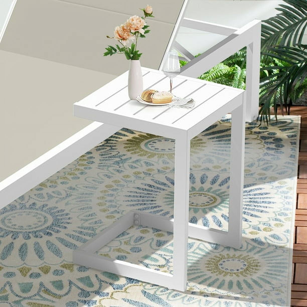 Ulax Furniture Outdoor Patio Side Table, White Aluminum C Shaped End ...