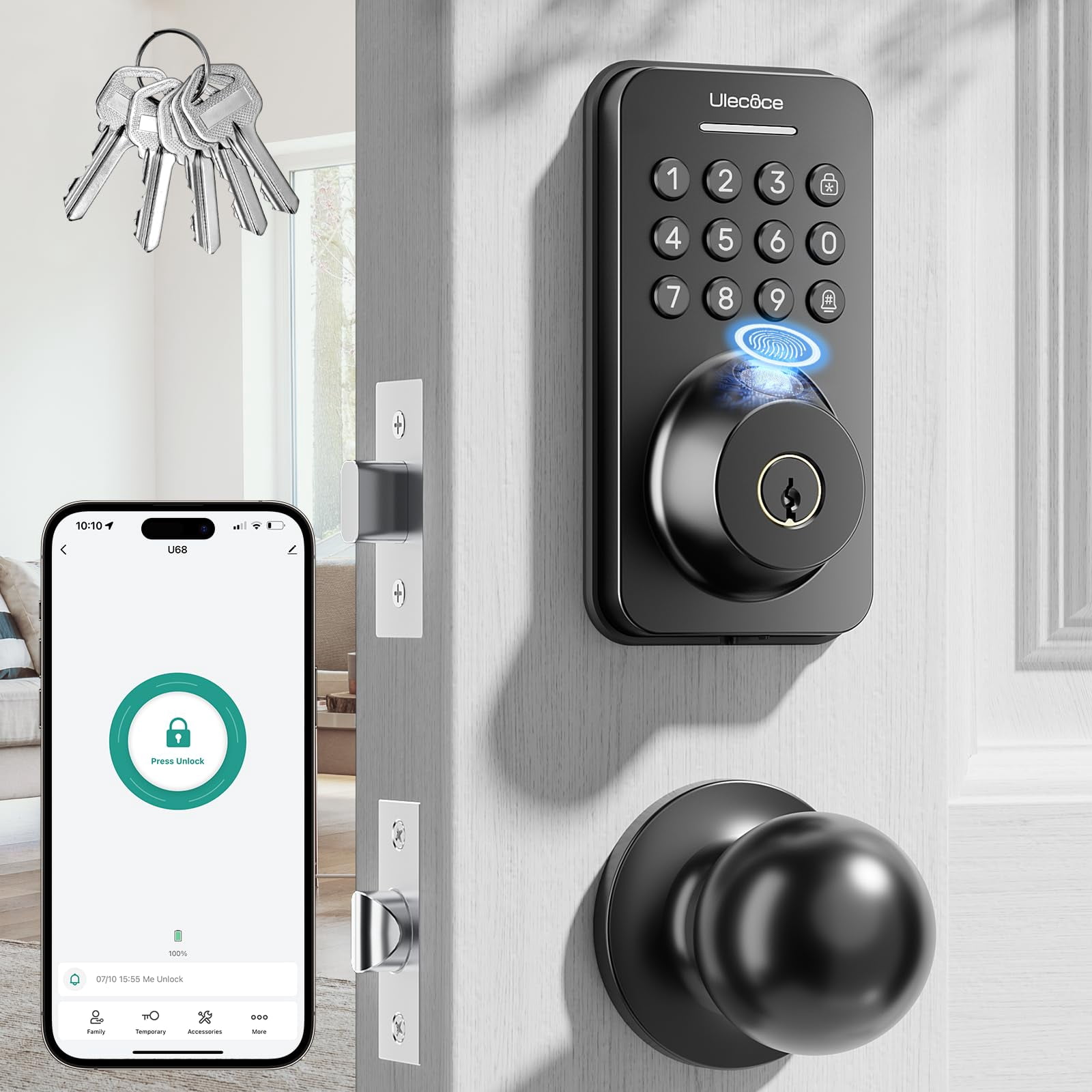 Ulecoce Fingerprint Keypad Deadbolt with Handle Set, Keyless Entry Door ...