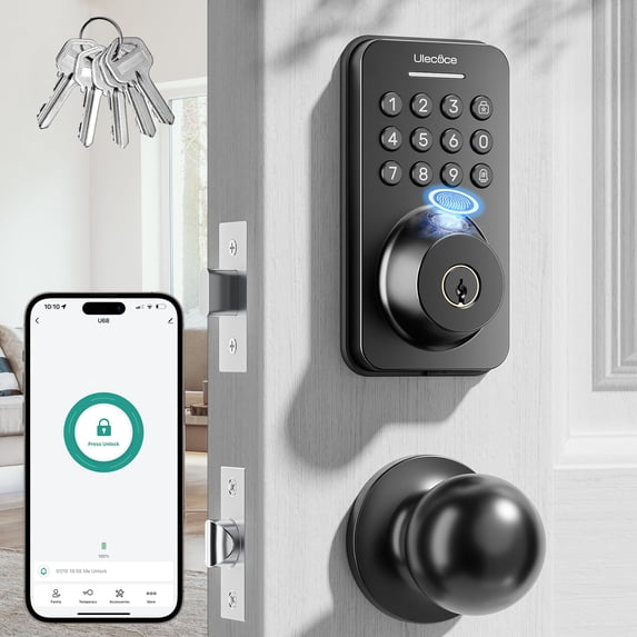 Ulecoce Fingerprint Keypad Deadbolt with Handle Set, Keyless Entry Door ...