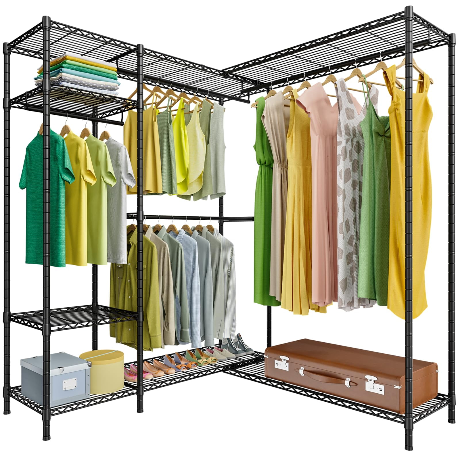 Ulif L-Shaped Heavy-Duty Garment Rack, 4 Tiers Metal Clothes Rack with ...