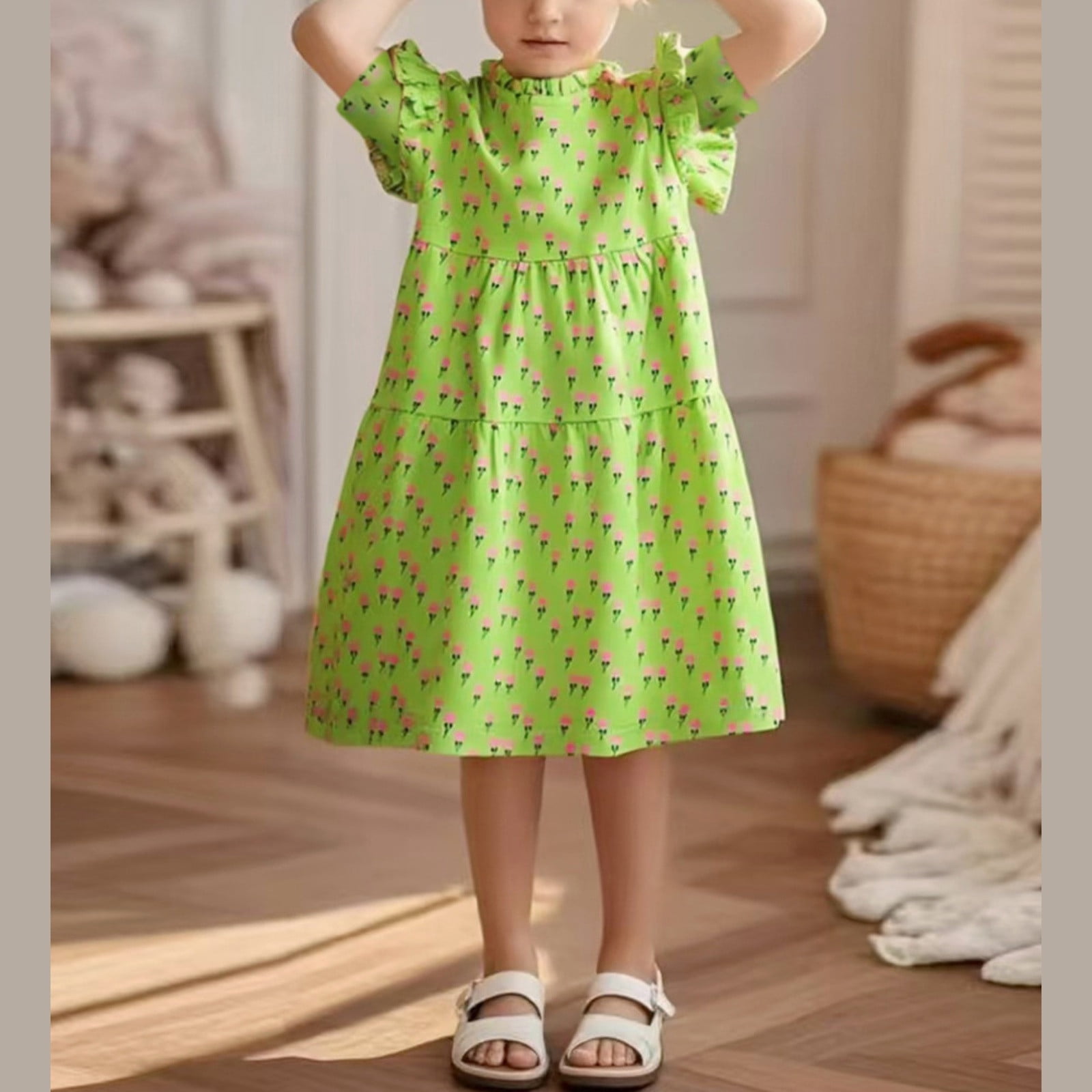 Ulitacool 4-5 Years Girls Summer Dress Short Sleeve Solid Color ...