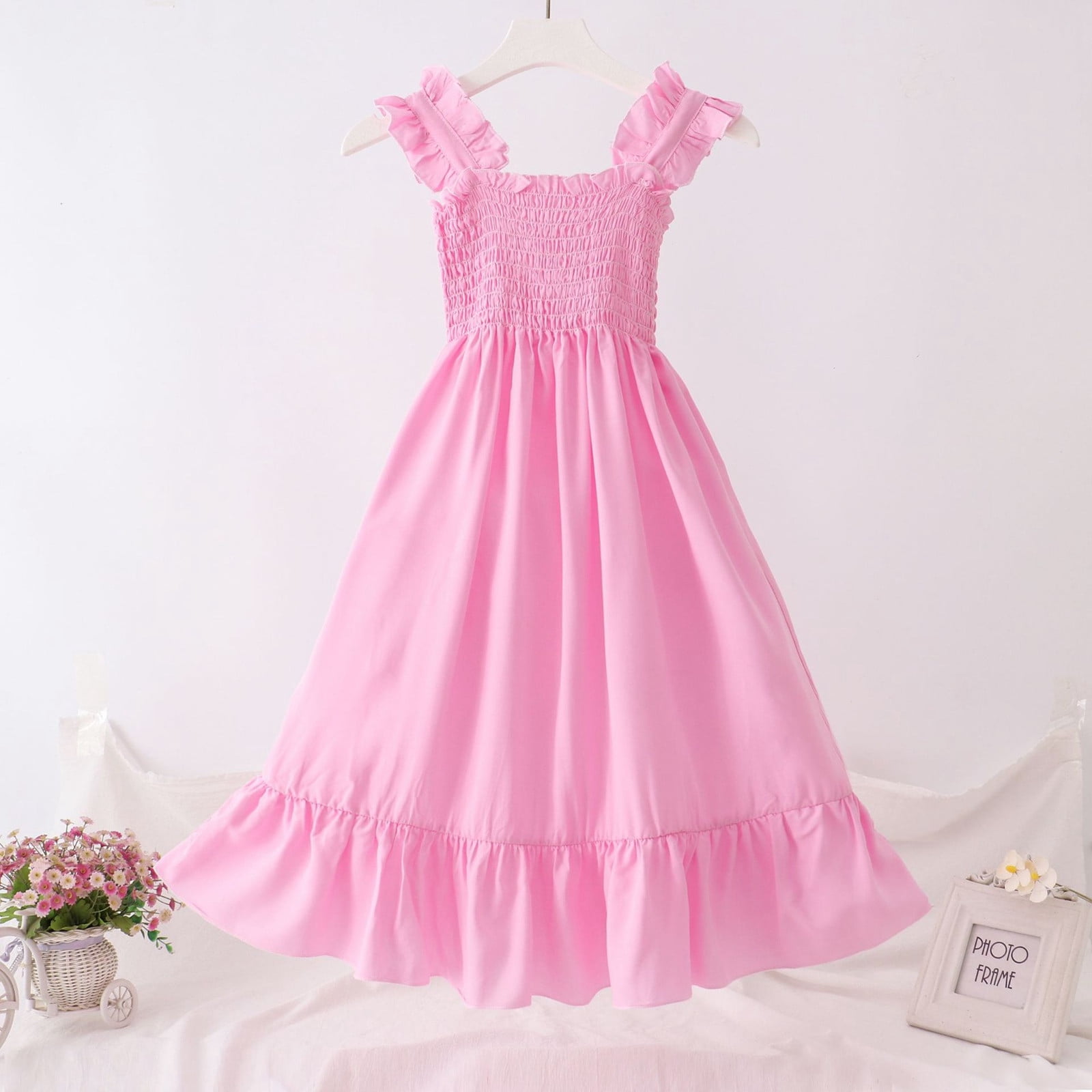 Ulitacool 8-9 Years Flower Girl Dress Summer Boho Strap Tiered Maxi ...