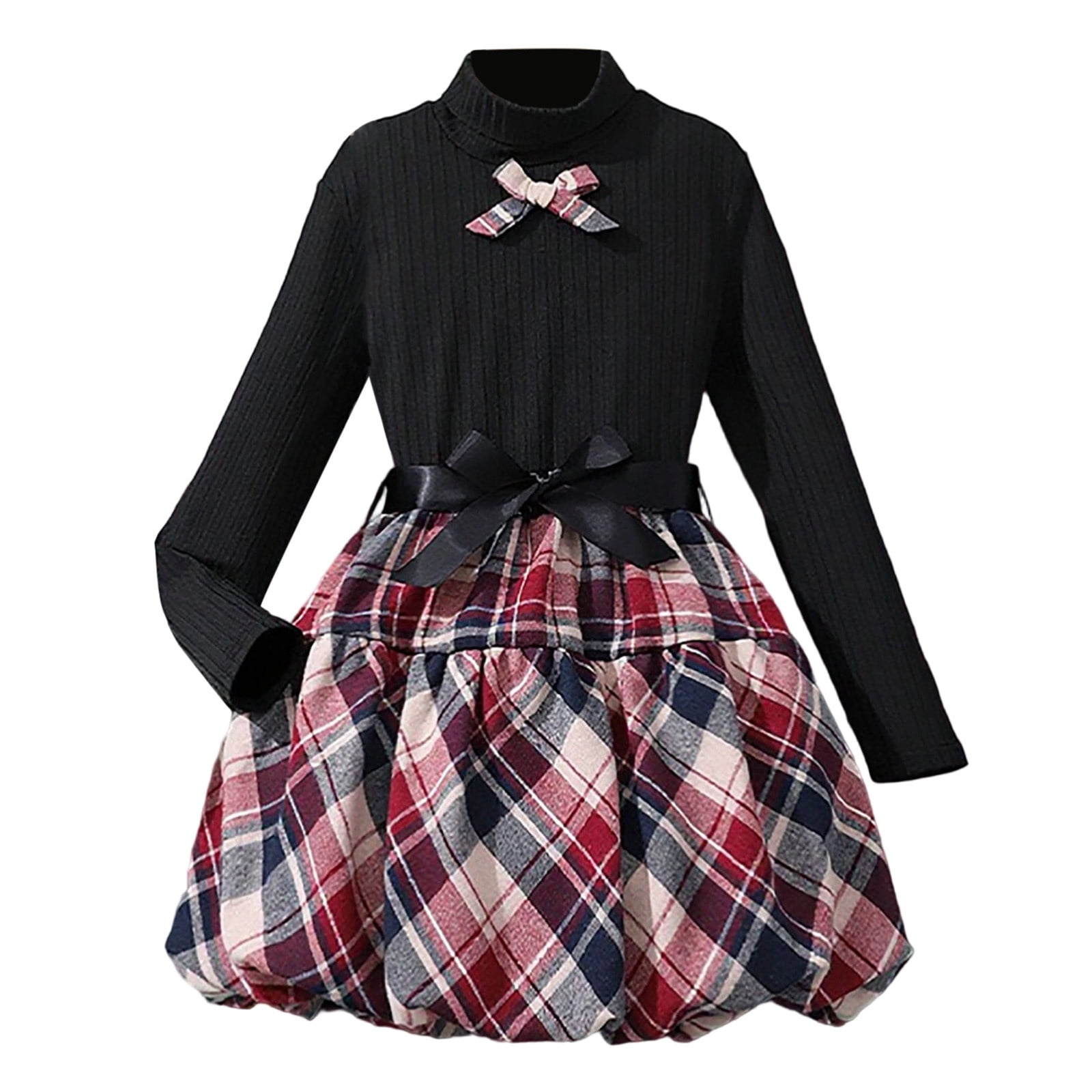 Ulitacool Girls Winter Outfits High Neck Bow Long Sleeve Top With Plaid ...