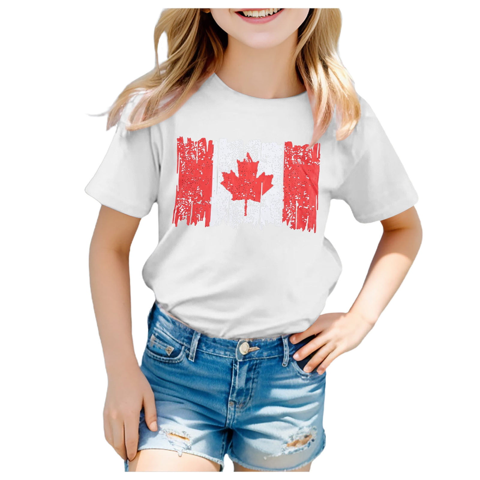 Ulitacool Tshirts For Girls 12-13 Years Short Sleeve Solid Color Cartoon Flag Pattern Tee ...