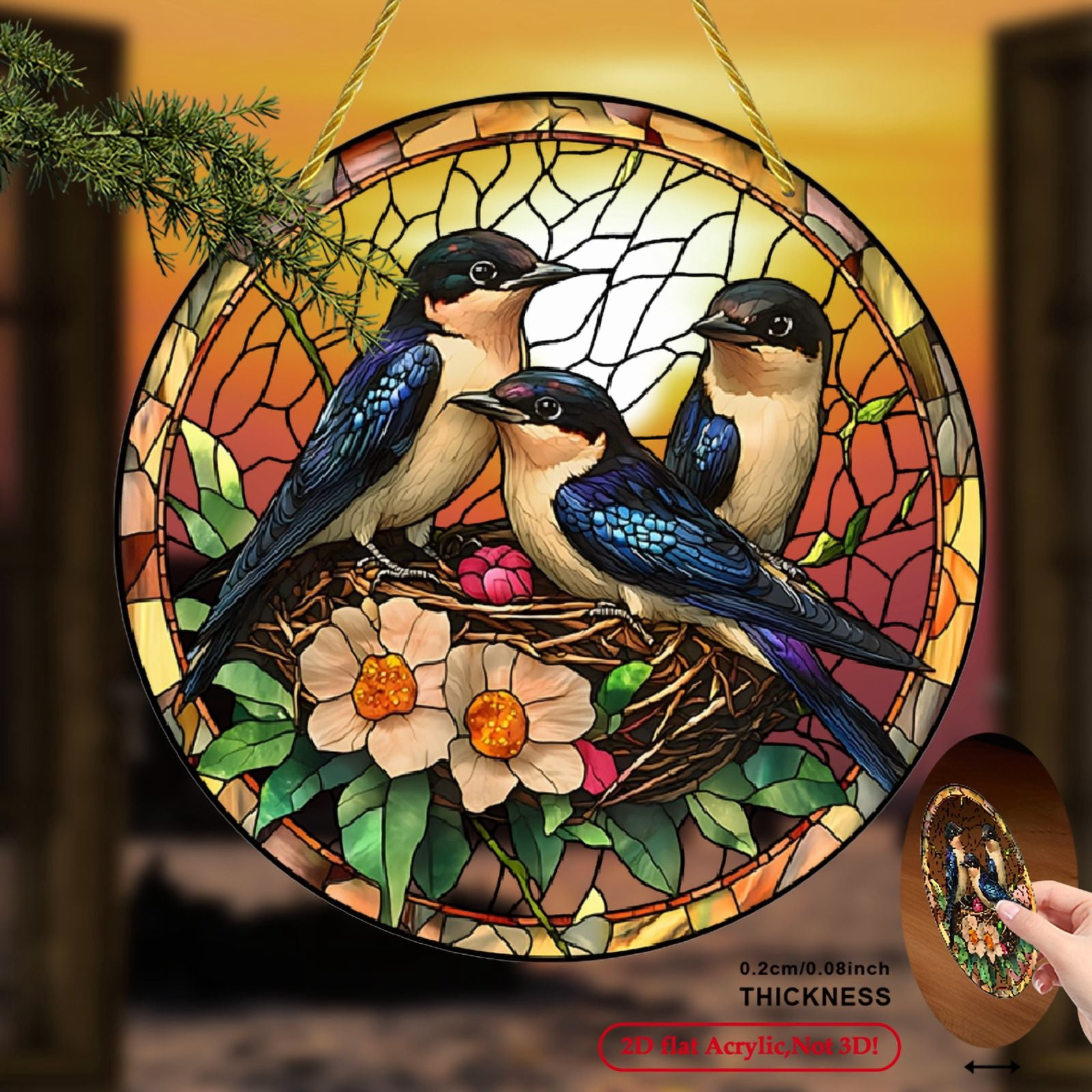Ullo0ord 2D Flat, 3 Bluebirds & Floral Acrylic Suncatcher - 8_x8 ...