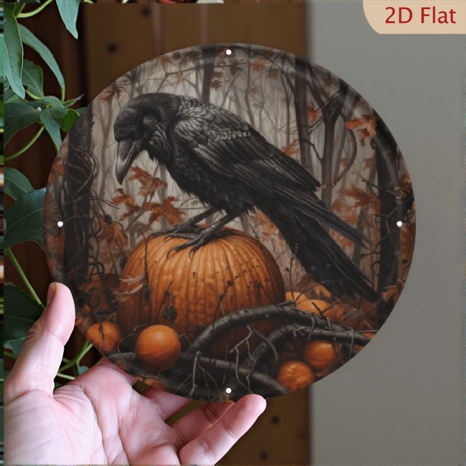 Ullo0ord Black Crow And Pumpkin Round Aluminum Sign Autumn Halloween ...