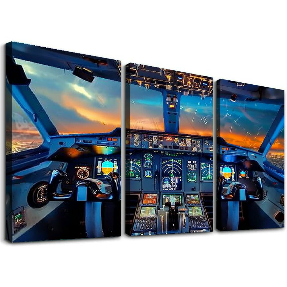 Ullo0ord Canvas Print Wall Art Airplane Cockpit Flight Deck At Sunset ...