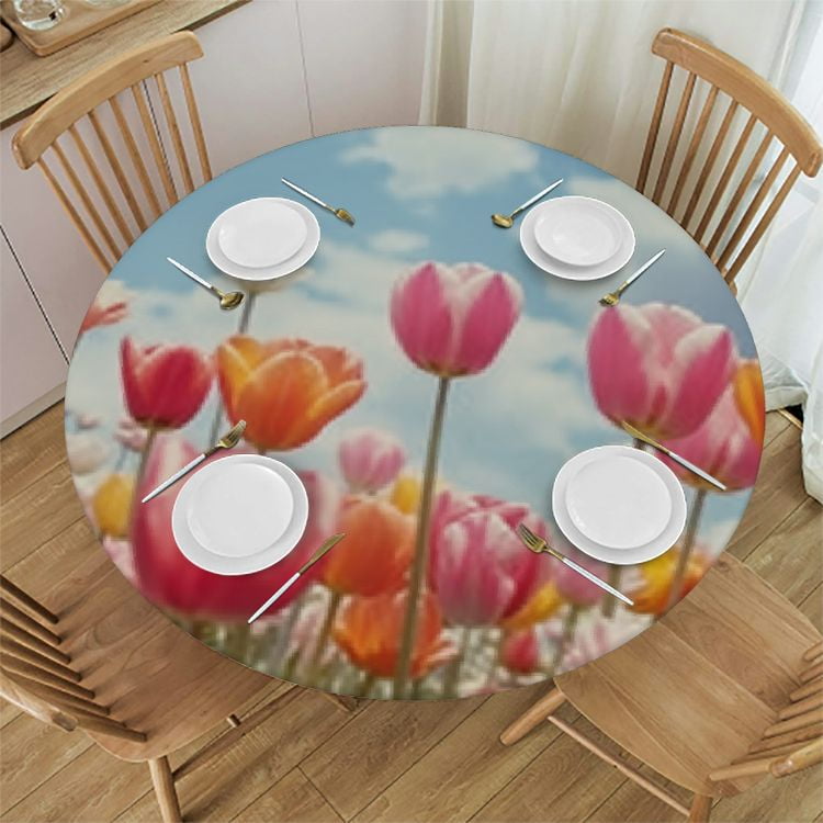 Ullo0ord Colorful Tulips Print Round Tablecloth with Lace Border Rustic ...