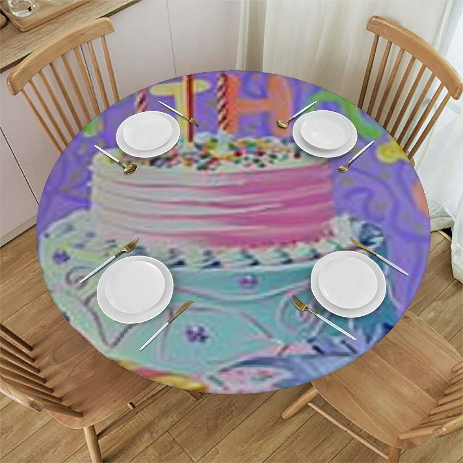 Ullo0ord Fitted Tablecloth for Round Table,Happy Birthday Cake Colorful ...
