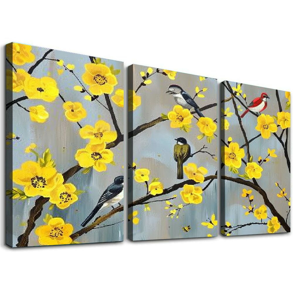 Ullo0ord Large Floral Bird Canvas Wall Art on Flower Tree Branch Yellow ...