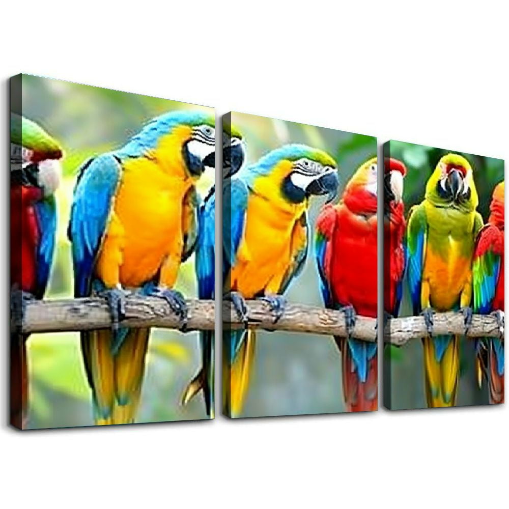 Ullo0ord Parrot Bird Canvas Wall Art Colorful Parrots on Branch Painting Prints Tropical Rain ...