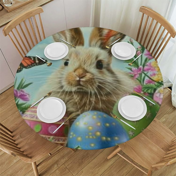 Ullo0ord Pink Bunny Ears Round Tablecloth Fitted Table Cover, Elastic ...