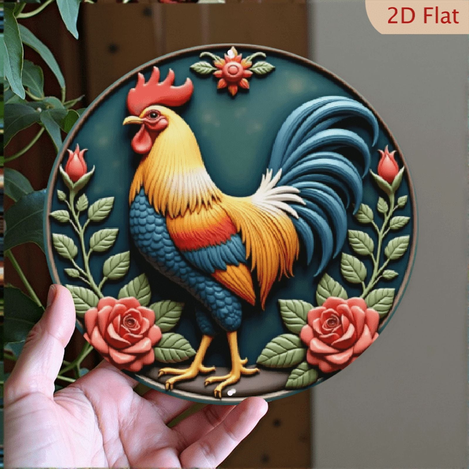 Ullo0ord Round Metal Tin Sign Rustic Wall Decor Rooster Colorful Floral ...