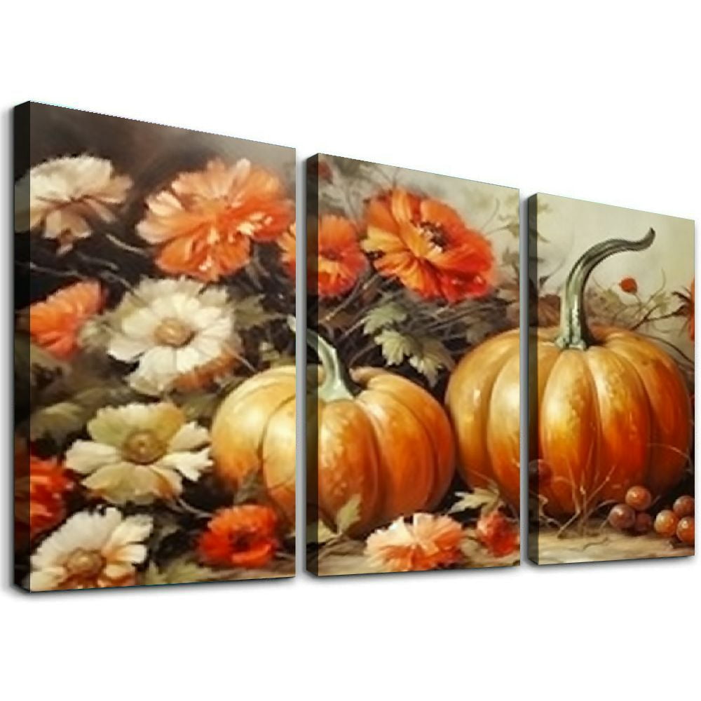 Ullo0ord Vintage Pumpkins Canvas Wall Art - Autumn Pumpkin Flowers Oil ...