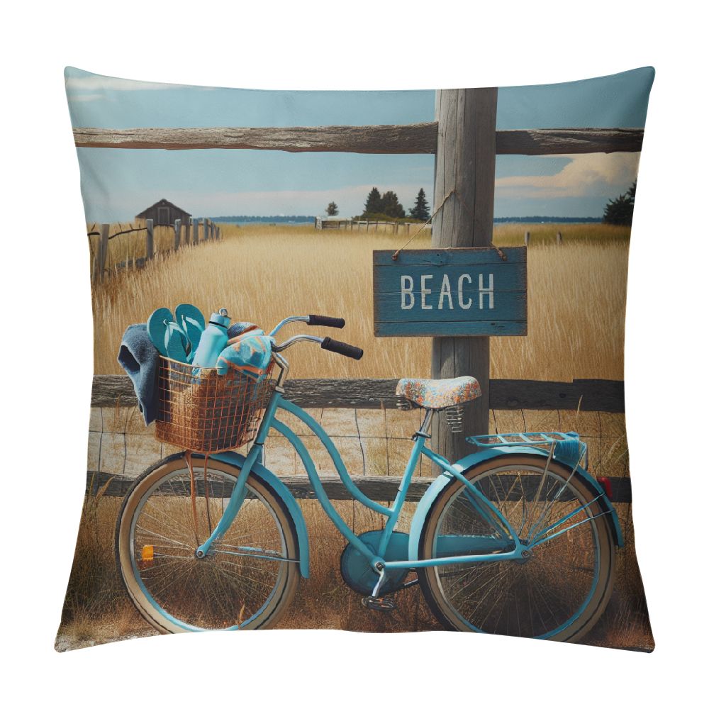 Ulloord Beach Blue Bike Throw Pillow Covers Summer Coastal Bicycle Decorative Vintage Outdoor ...