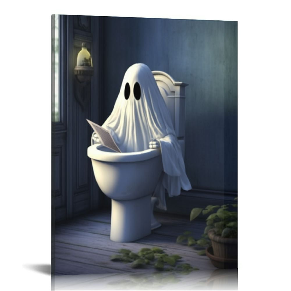 Ulloord Cute Ghost on Reading Books Poster, Vintage Halloween Canvas ...