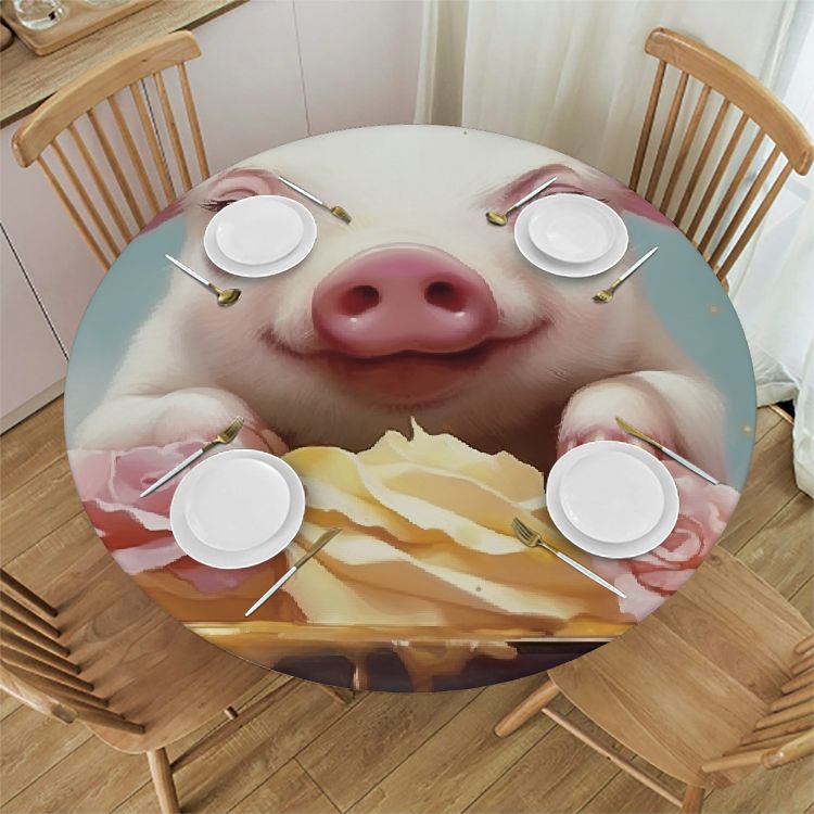 Ulloord Cute Pig Round Fitted Tablecloth with Elastic Edge Fitted Table ...
