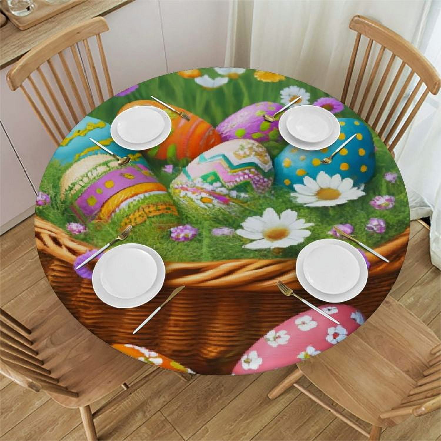 Ulloord Easter Elastic Round Tablecloth Spring Plants Pink Tulips Green ...