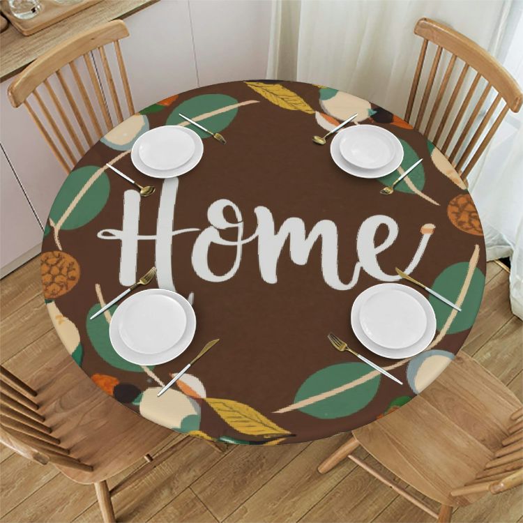 Ulloord Elastic Round Tablecloth, Pumpkin Fall Leaf Wreath Retro Wood ...