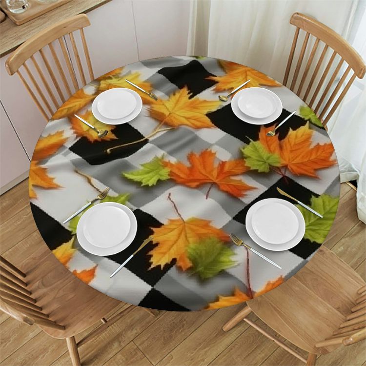 Ulloord Fitted Maple Leaves Round Tablecloth,Black White Plaid Table ...