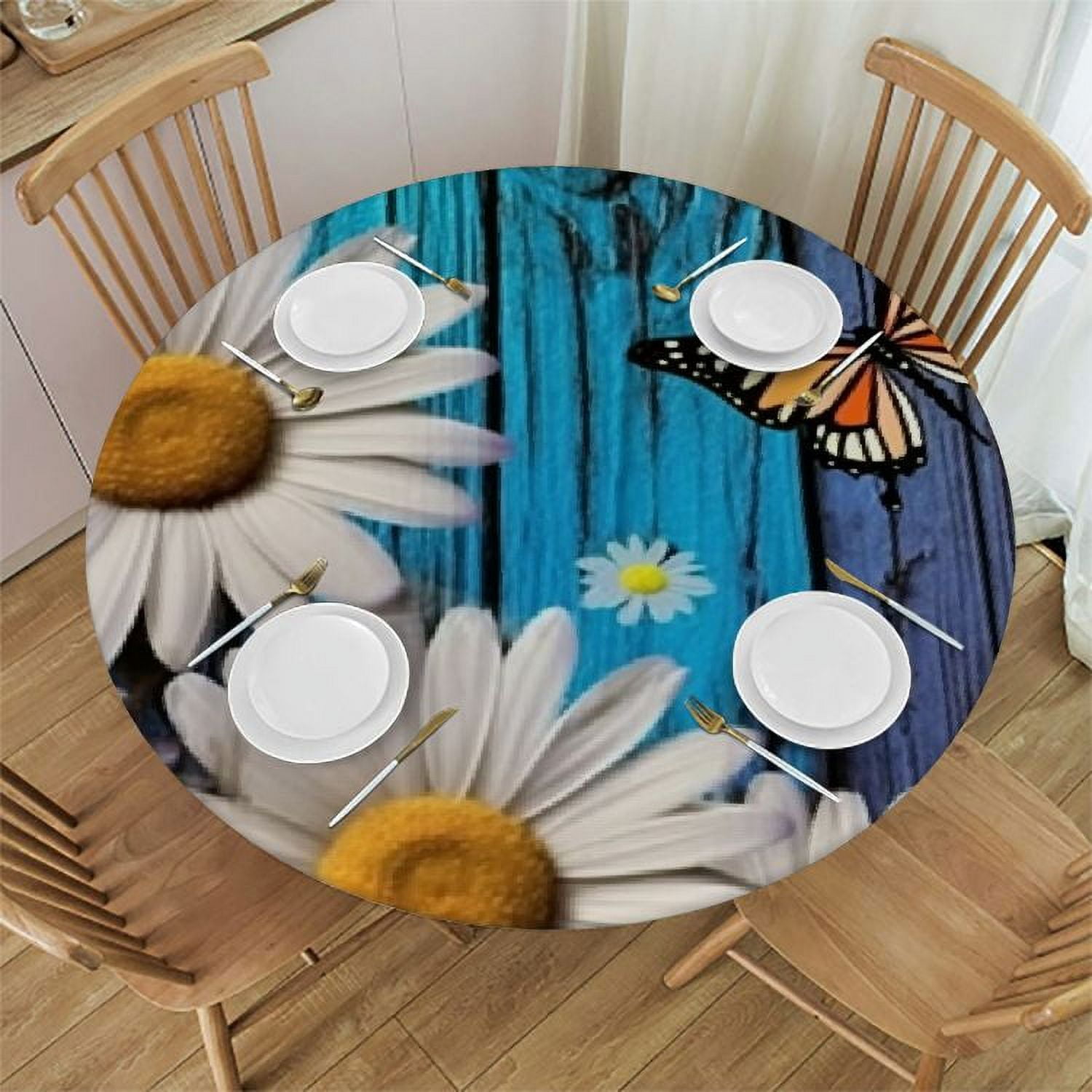 Ulloord Fitted Table Cover for Round Tables Farm Blooming Daisy and Butterfly Tablecloth with ...