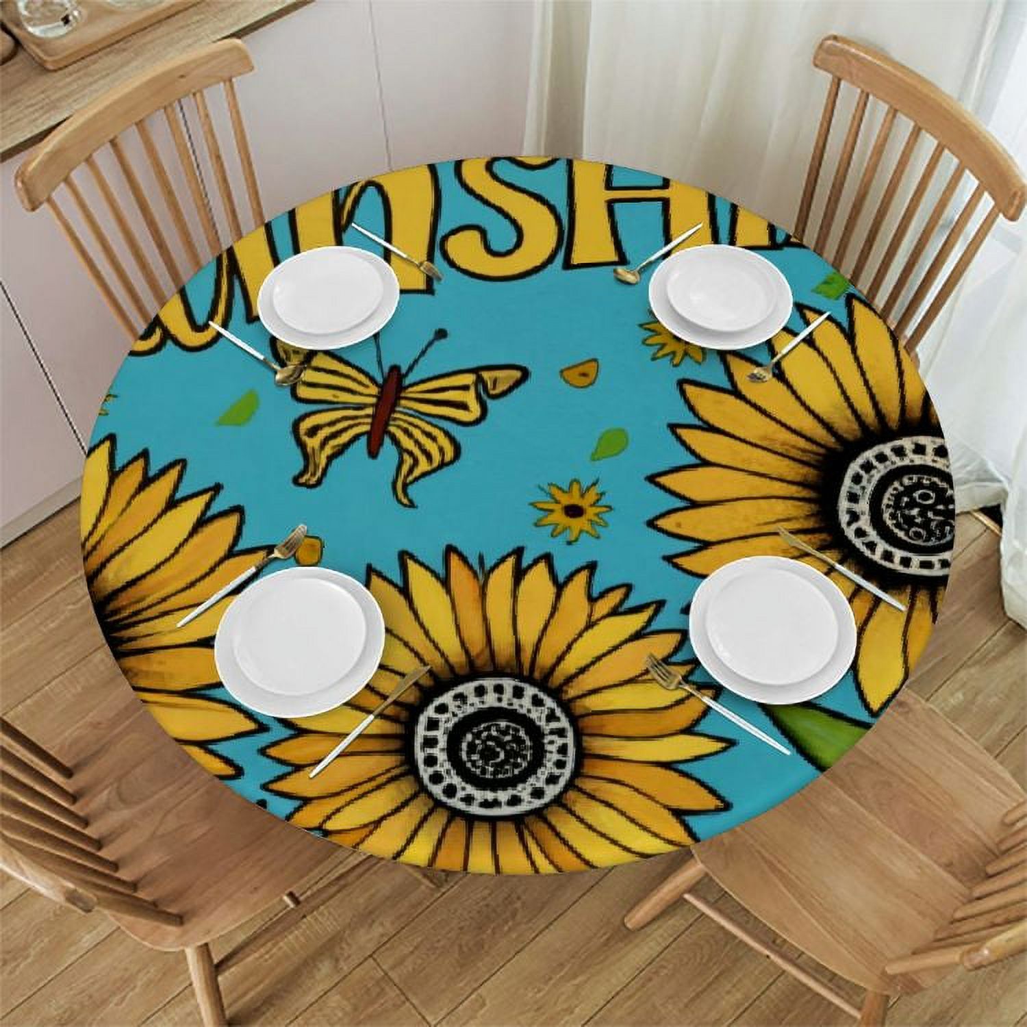 Ulloord Fitted Table Cover for Round Tables Farm Blossom Sunflowers and Butterfly Tablecloth ...