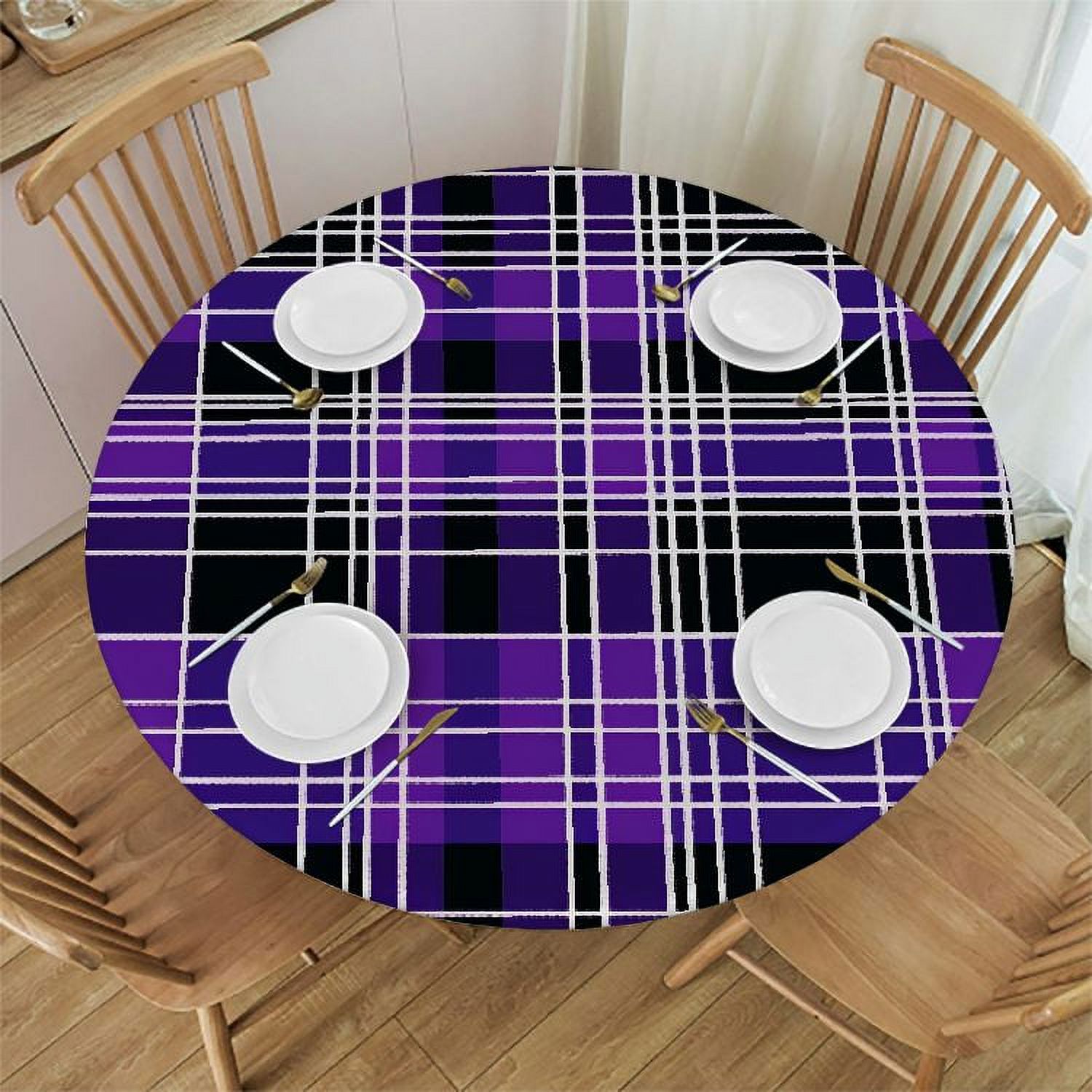 Ulloord Fitted Table Cover for Round Tables Retro Purple Black Plaid ...