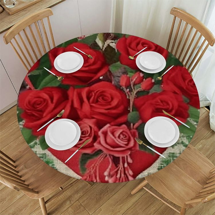 Ulloord Fitted Tablecloth for Round Table, Love Rose Floral Table Cover ...