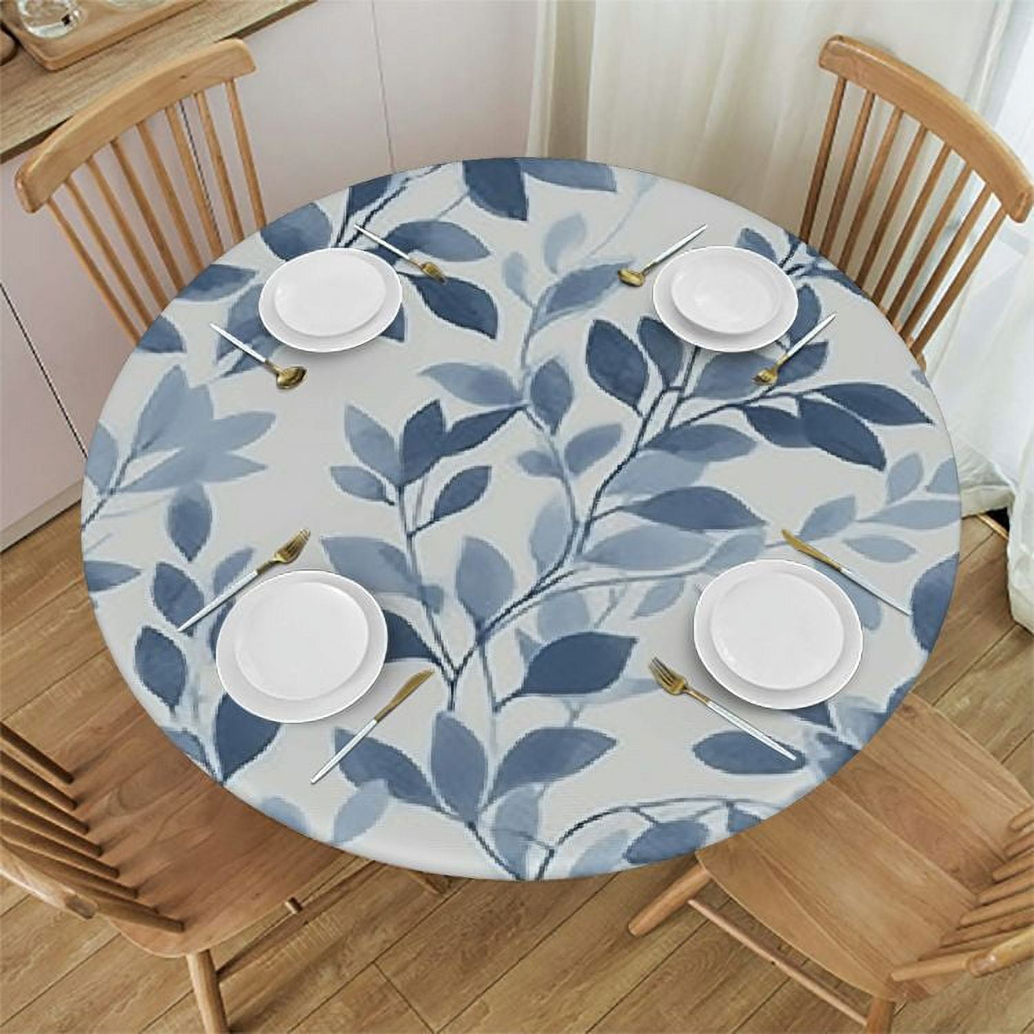 Ulloord Fitted Tablecloth for Round Table,Pastoral Blue Gradient Leaves ...