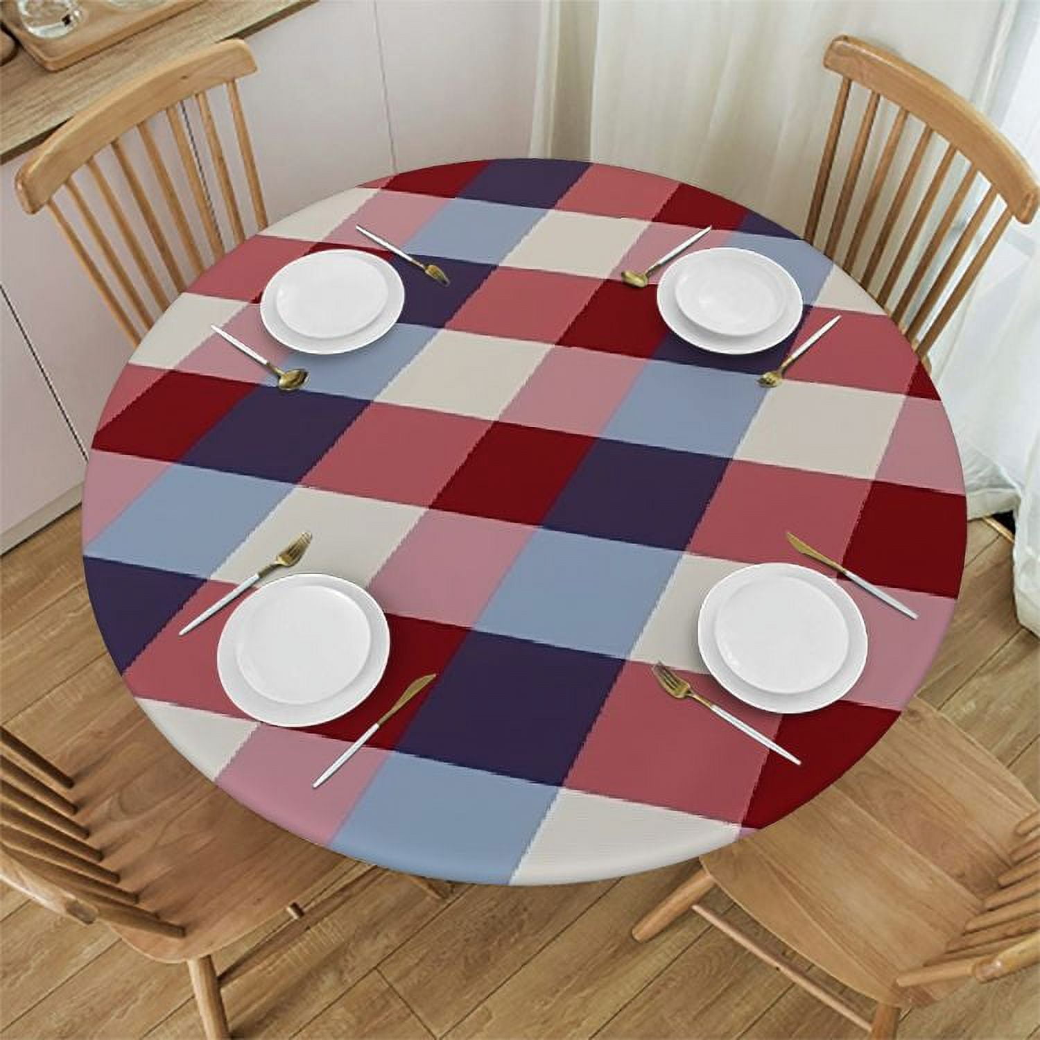 Ulloord Fitted Tablecloth for Round Table,Red Blue White Buffalo Plaid ...
