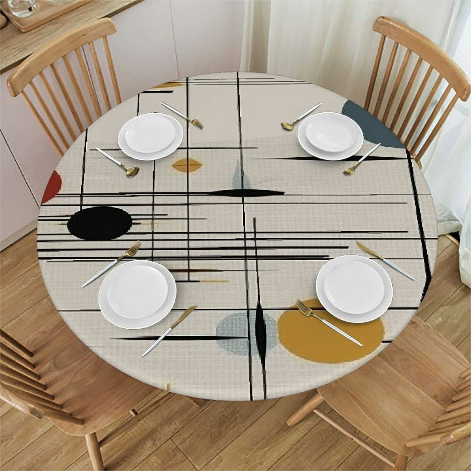 Ulloord Fitted Tablecloth for Round Table,Retro Grey Blue Orange Oval ...