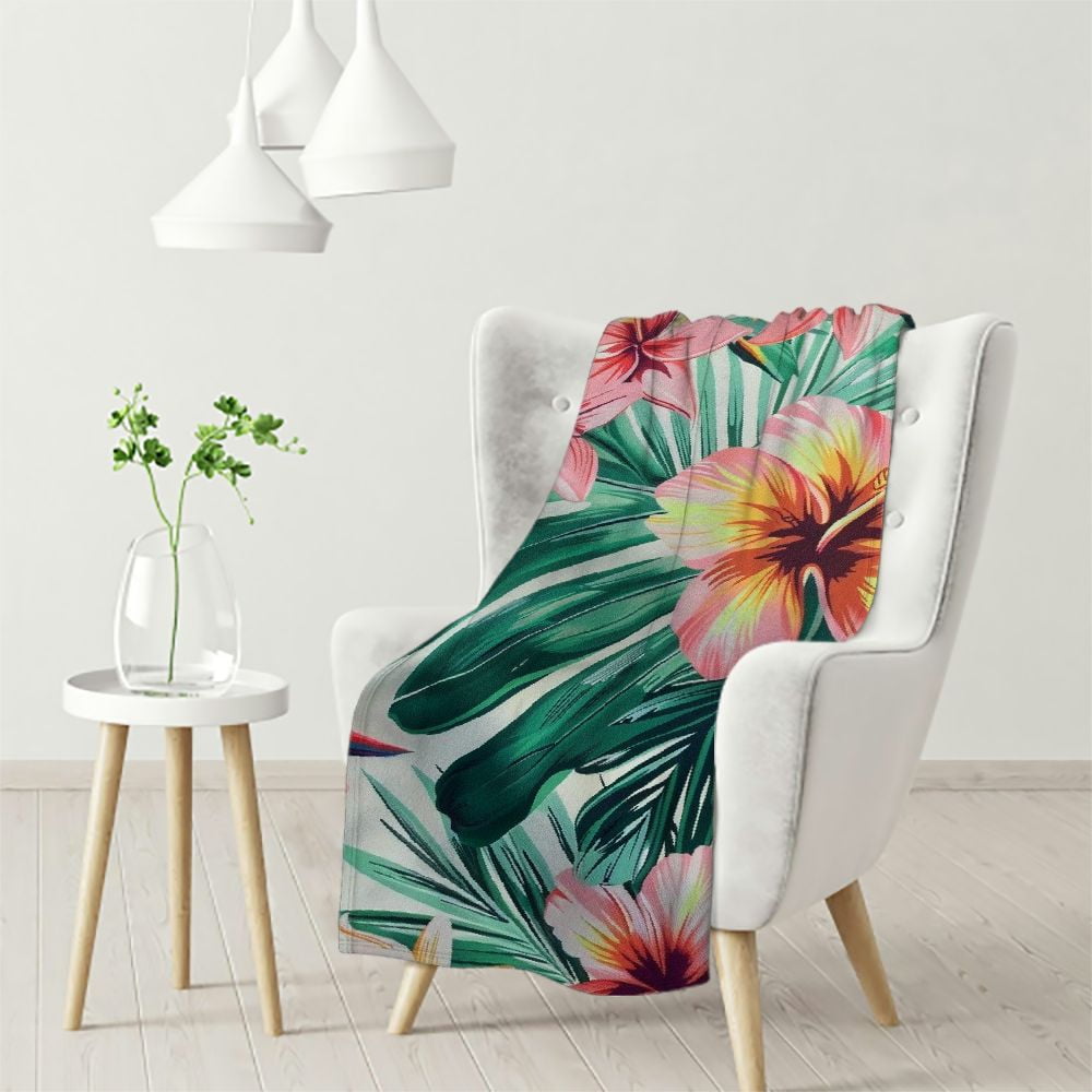 Floral Throw Blanket Palm Leaves Bird of Paradise Flower Plush Bed ...