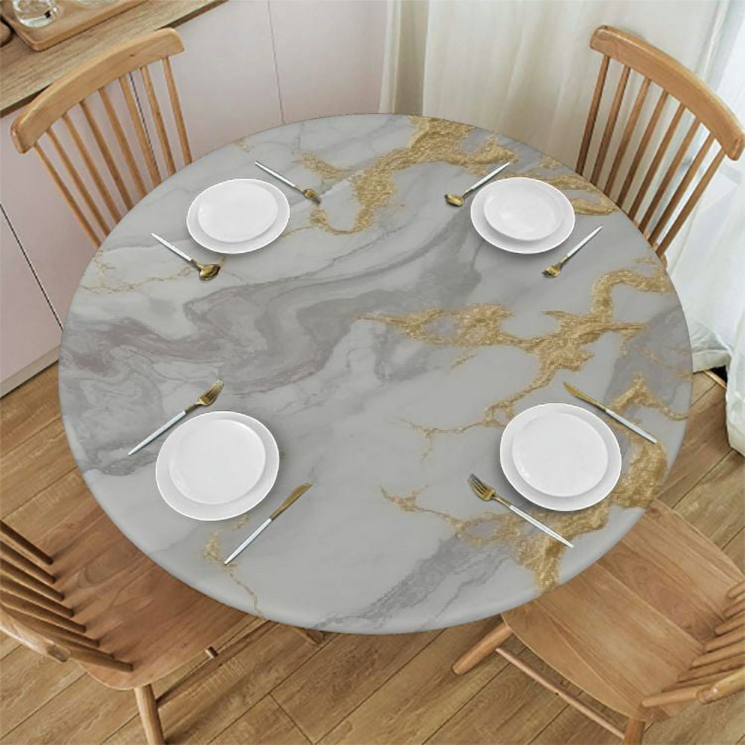 Ulloord Marble Pattern Round Fitted Tablecloth, White Golden Round ...