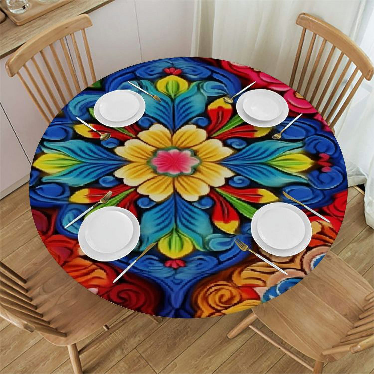 Ulloord Mexican Ceramic Tile Round Tablecloth with Elastic Edge,Mexican ...