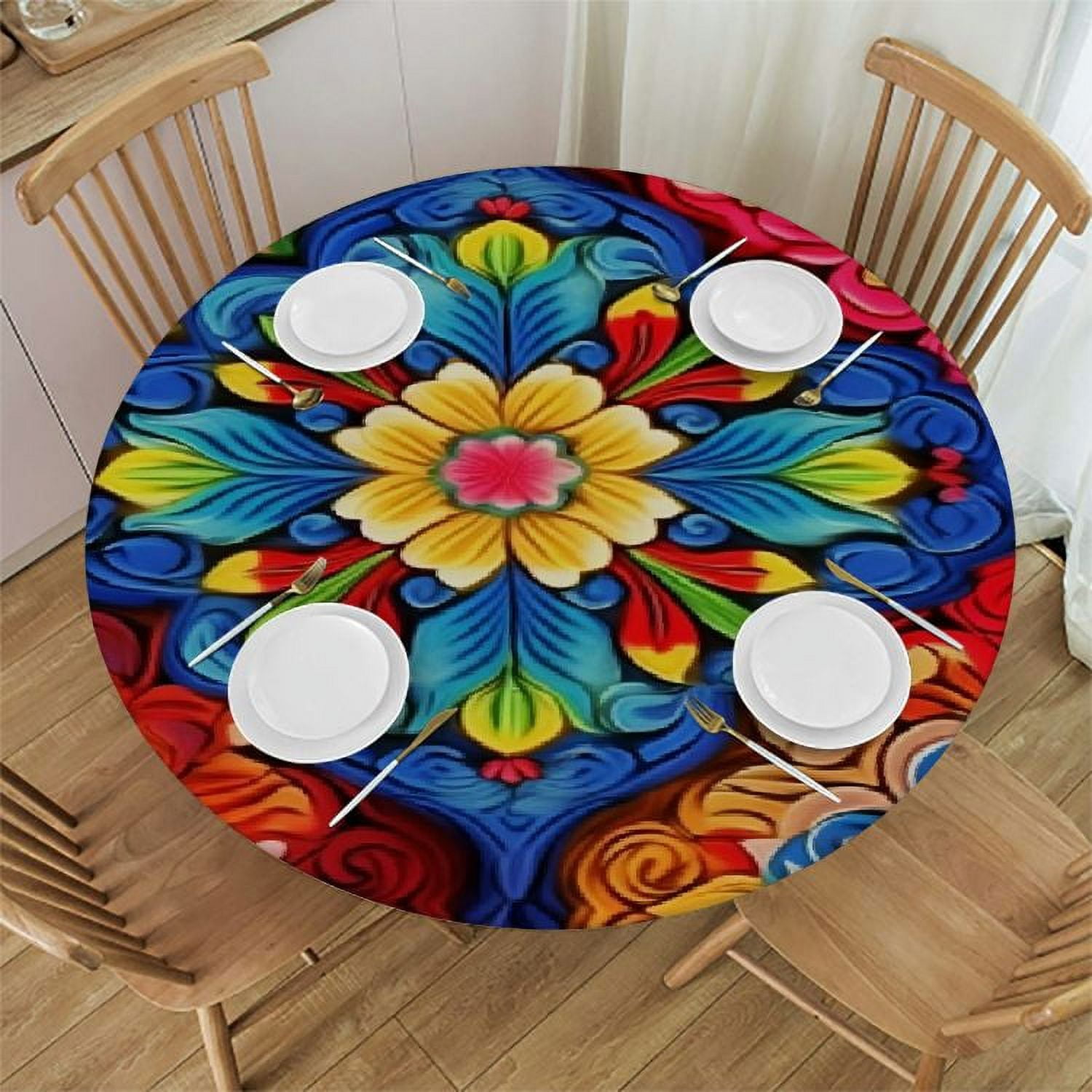 Ulloord Mexican Ceramic Tile Round Tablecloth with Elastic Edge,Mexican ...