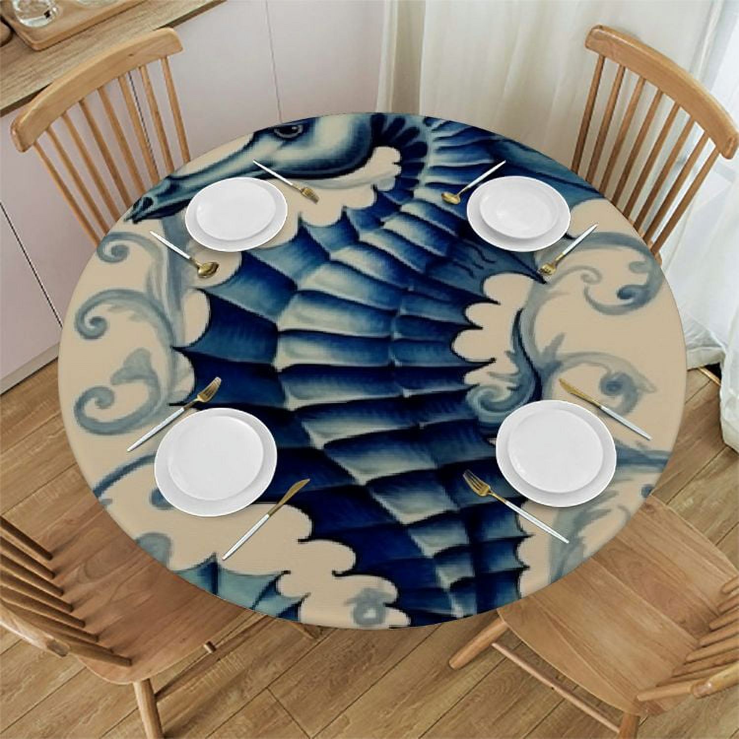 Ulloord Retro Seahorse Round Fitted Tablecloth with Elastic Edge Fitted ...