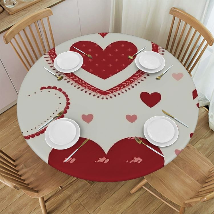 Ulloord Round Fitted Table Cover, Striped Cute Heart Elastic Edged ...