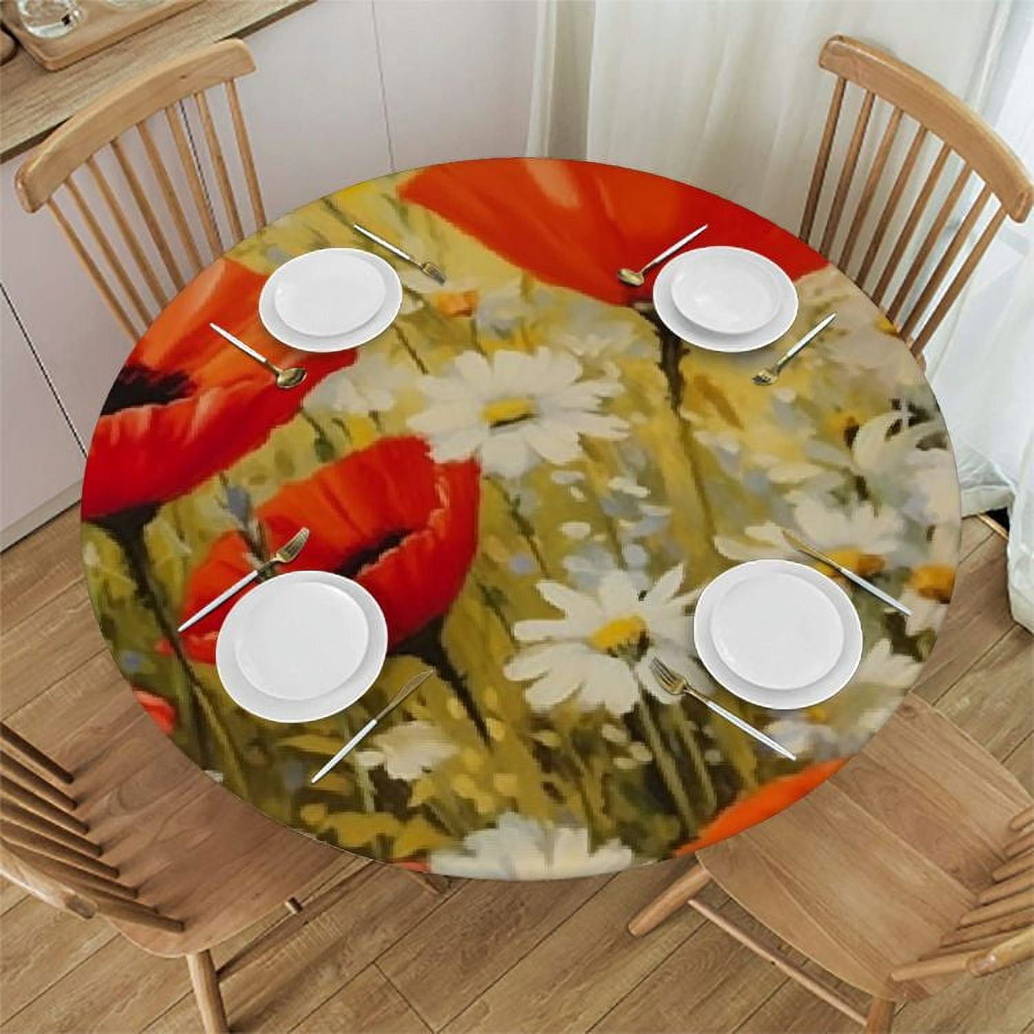 Ulloord Round Fitted Tablecloth Art Flower Poppy Floral Retro Table ...