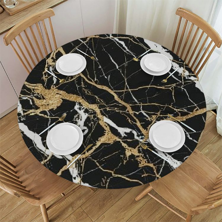 Ulloord Round Fitted Tablecloth Black Marble Texture Print Table Cloth ...