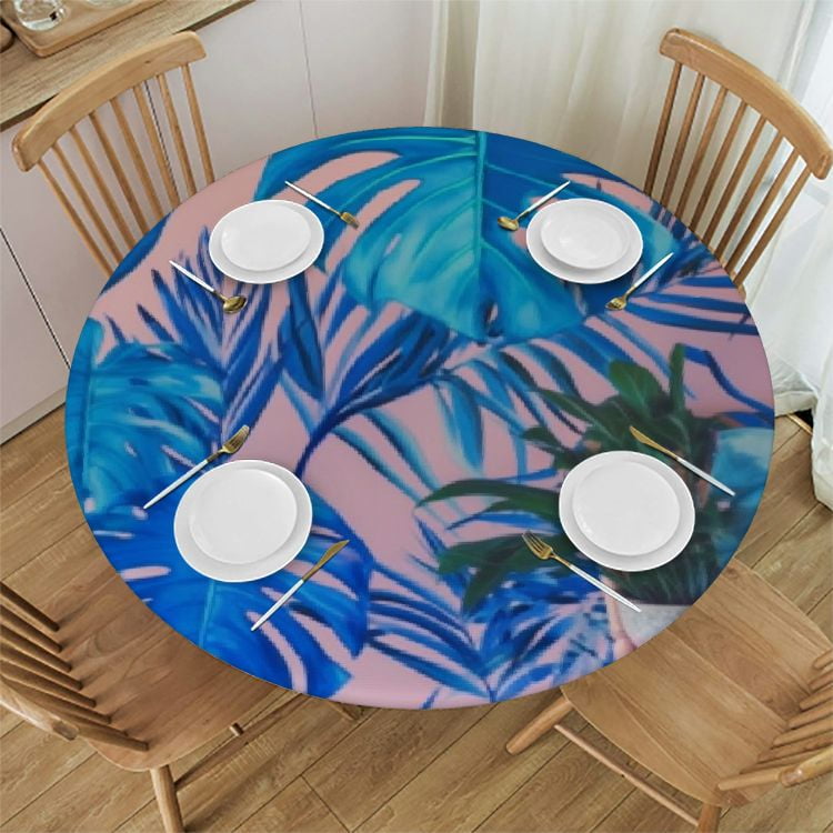Ulloord Round Fitted Tablecloth Blue Tropical Palm Leaves Table Cloth ...
