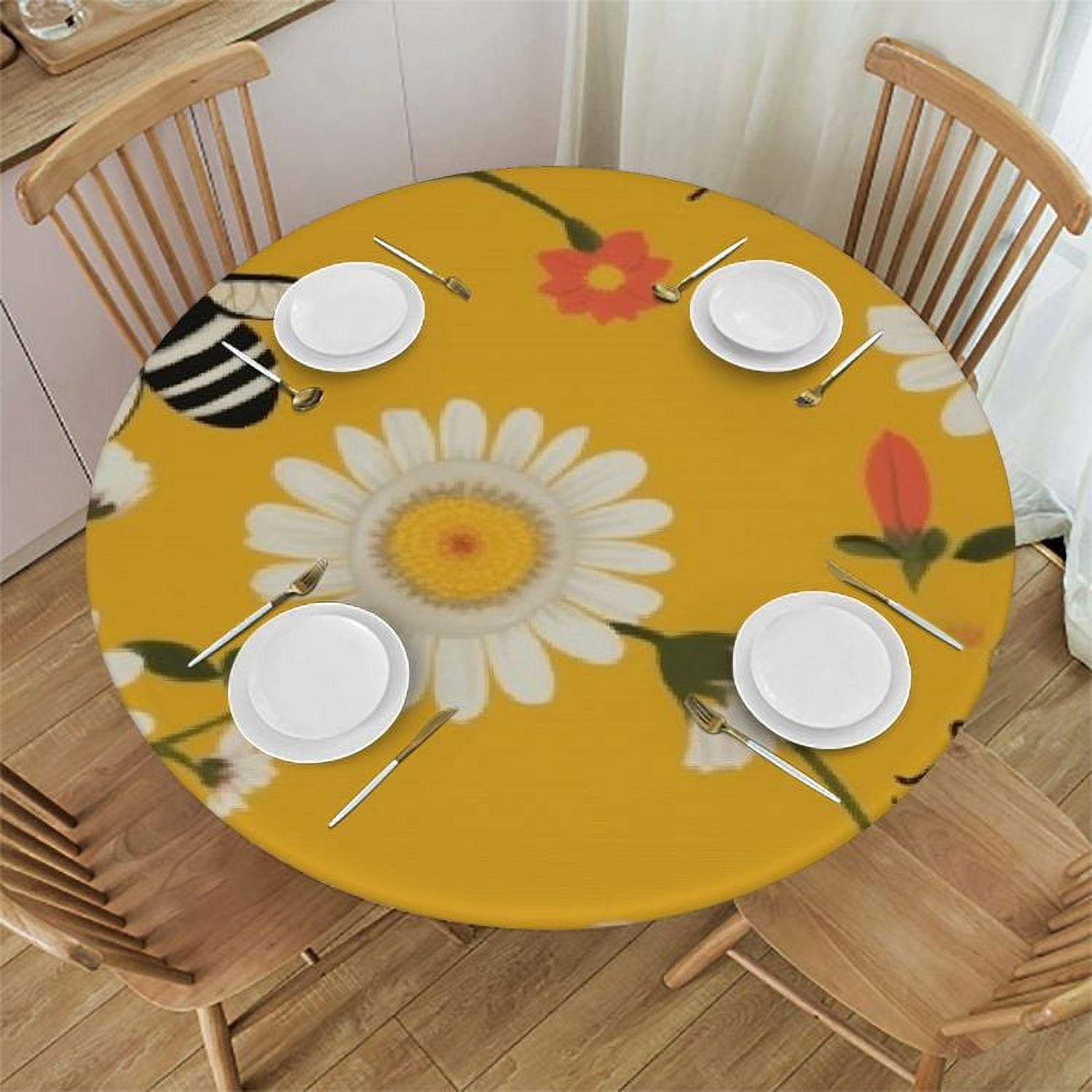 Ulloord Round Fitted Tablecloth Cute Bee Daisy Flower Animal Yellow ...