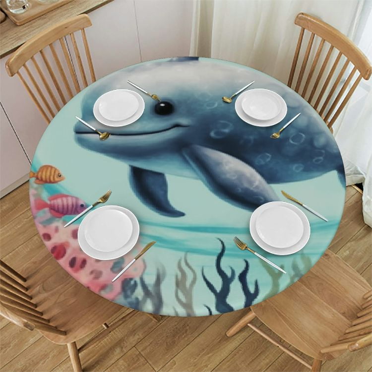 Ulloord Round Fitted Tablecloth Cute Sea Animal Ocean Theme Table Cloth ...