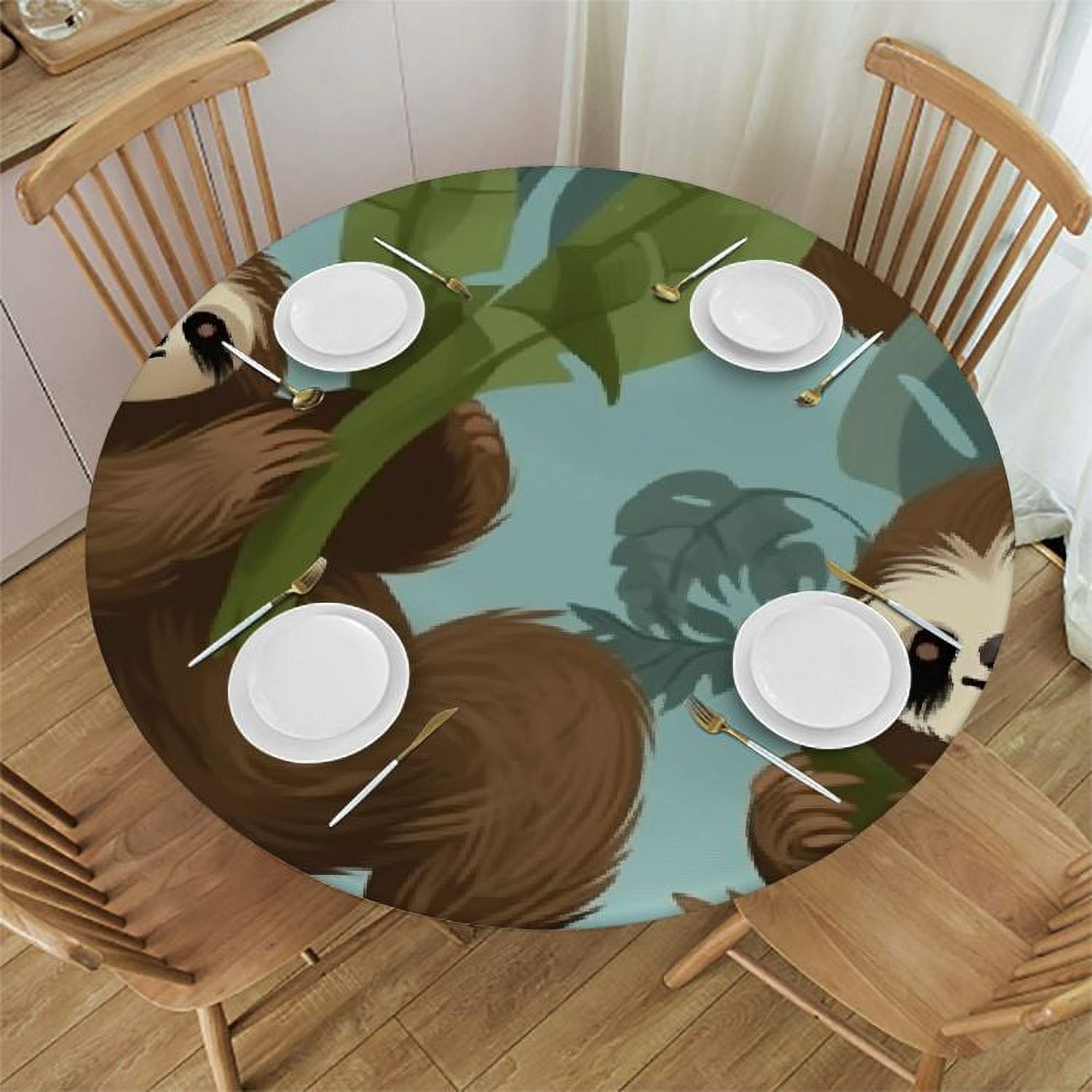 Ulloord Round Fitted Tablecloth Cute Sloth Tropical Palm Leaf Table ...