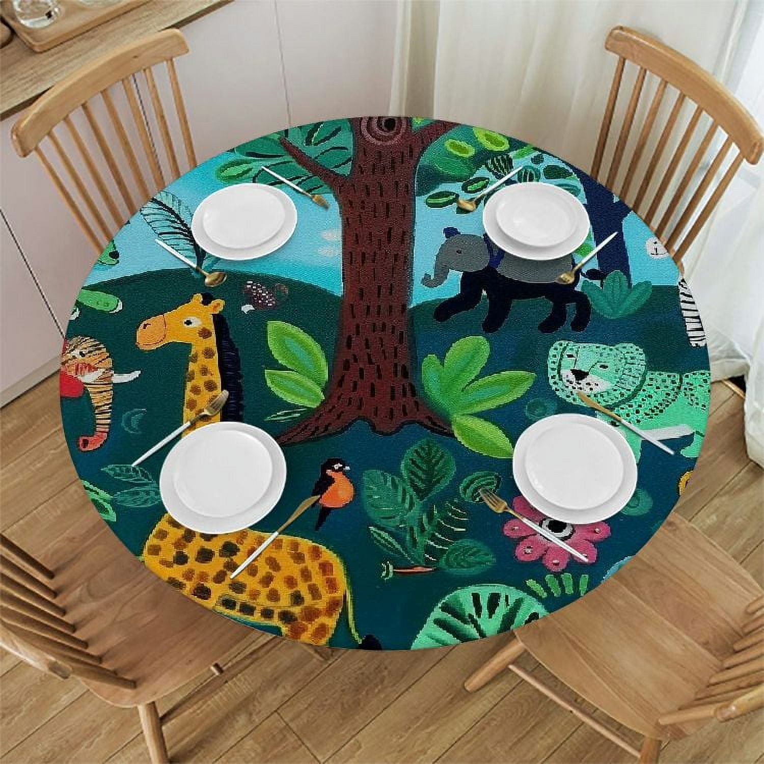 Ulloord Round Fitted Tablecloth Forest Zoo Cute Animals Table Cloth ...